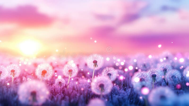 Whimsical Field of Glowing Dandelions Under Pastel Sunset Sky Stock ...