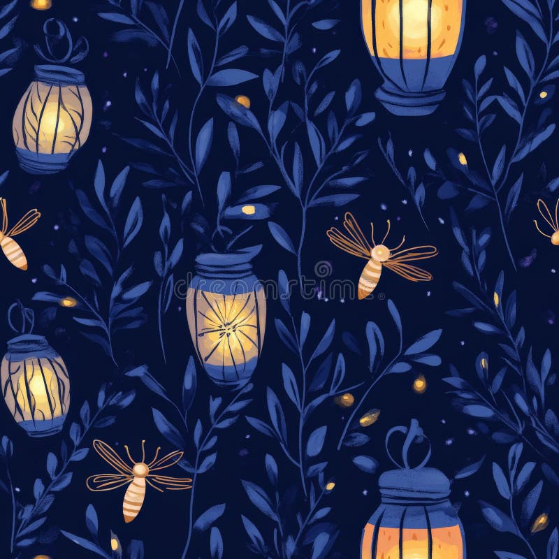 A Whimsical Firefly and Lantern Pattern with Glowing Bugs in a Twilight ...