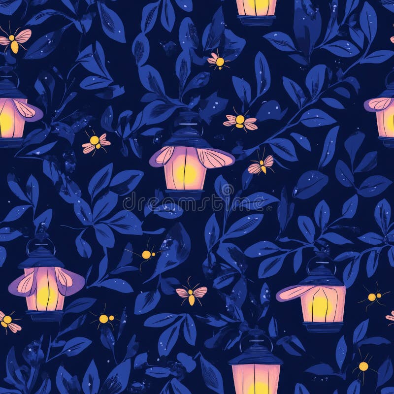 A Whimsical Firefly and Lantern Pattern with Glowing Bugs in a Twilight ...