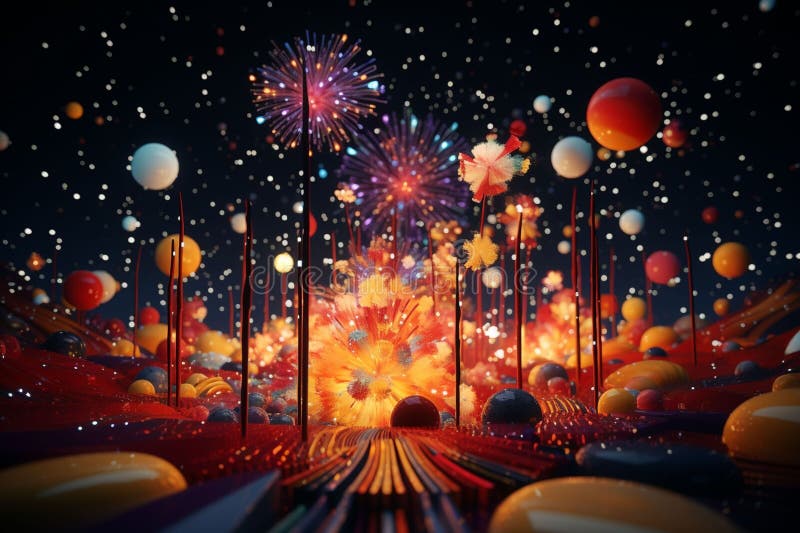Whimsical Fireworks Composition with Playful Stock Illustration ...