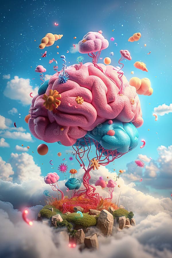 Whimsical Floating Brain Landscape with Vibrant Colors and Surreal ...