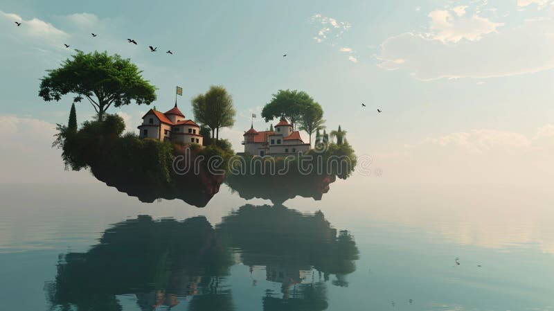 Whimsical Floating Islands and Flying Castle . Generative Ai Stock ...