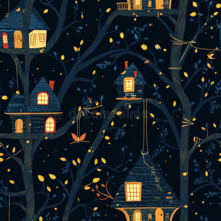 A Whimsical Floating Treehouse Pattern Where Kids Explore Treetop Homes ...