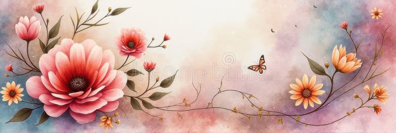 Whimsical Floral Border Pink Flowers Butterfly Pastel Background Stock ...
