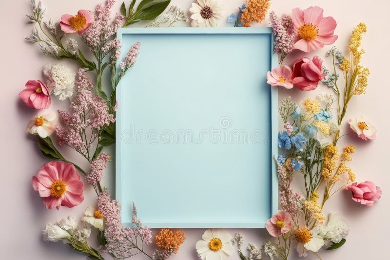 A Whimsical Floral Border Surrounds a Light Blue Frame Set on a Soft ...