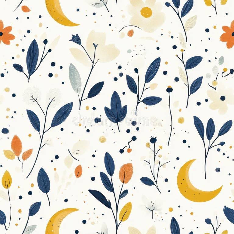 Whimsical Floral and Celestial Pattern with Leaves, Moons, and Soft ...