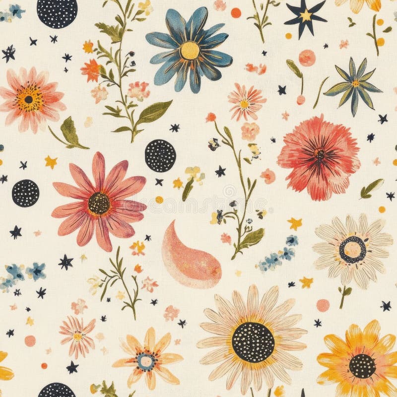 Whimsical Floral and Celestial Pattern on Pastel Background Stock Image ...