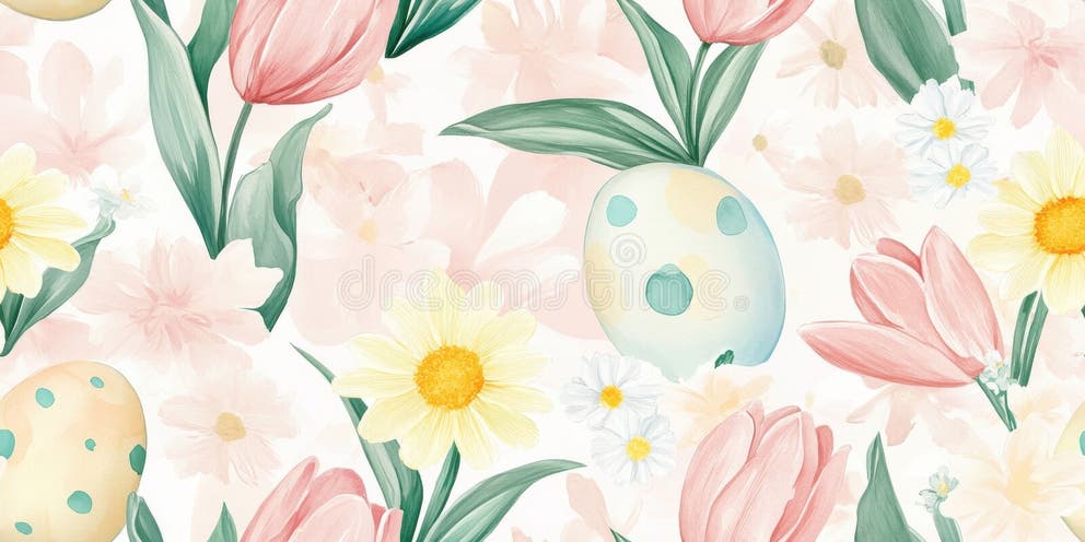 Whimsical Floral and Easter Egg Pattern with Tulips and Daisies Stock Image - Image of generated ...