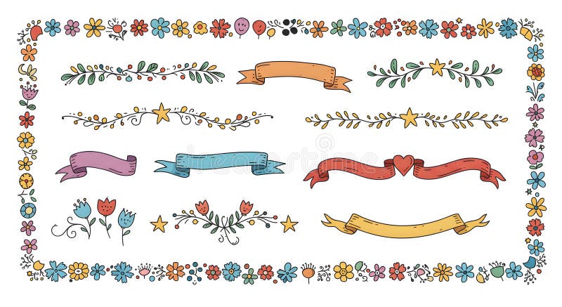 Whimsical Floral Frame with Doodle Style Banners and Decorative ...