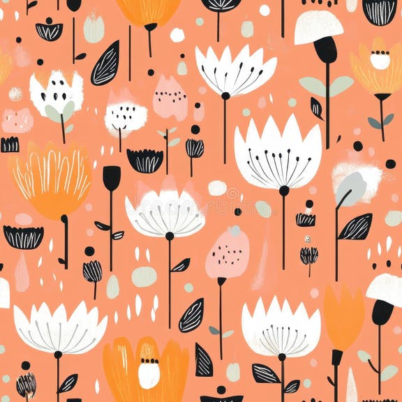 Whimsical Floral Pattern with Orange and White Abstract Flowers. Stock ...