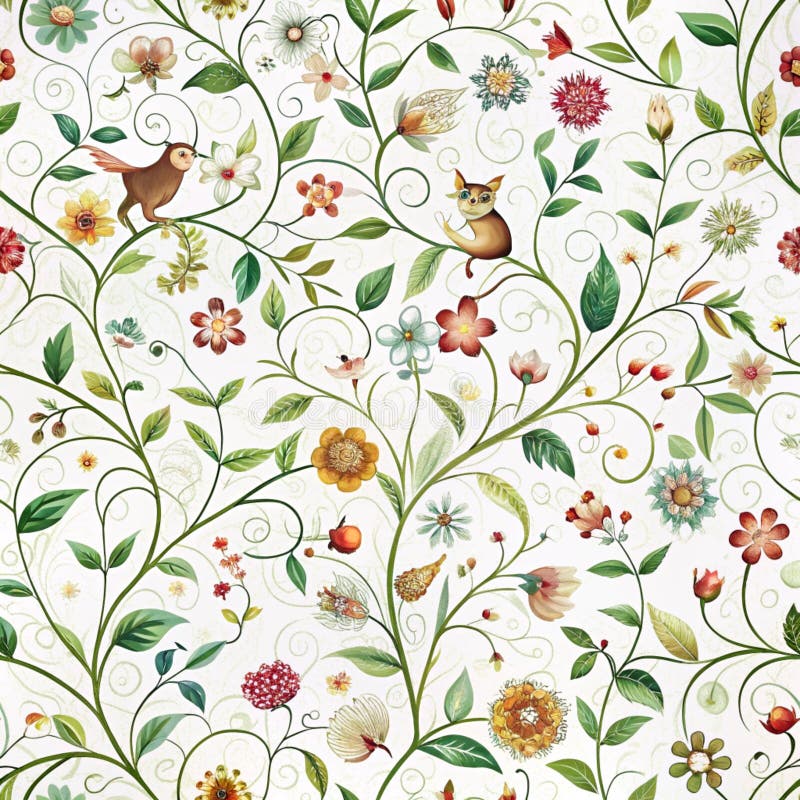 Whimsical Floral Pattern with Playful Animals and Vines Stock ...