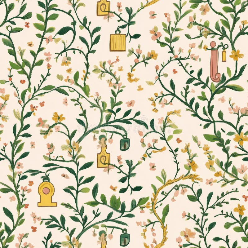 A Whimsical Floral Vine Pattern Twisting Around Tiny Golden Keys. Stock ...