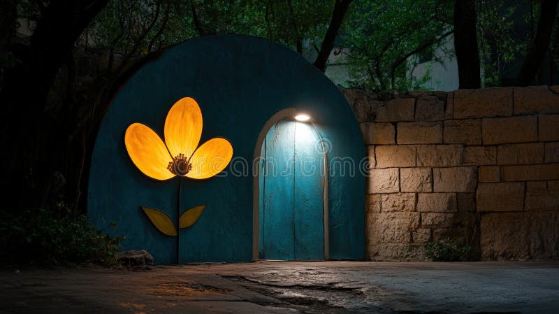Whimsical Flower Door Set in a Vibrant Blue Backdrop with Warm Lighting ...