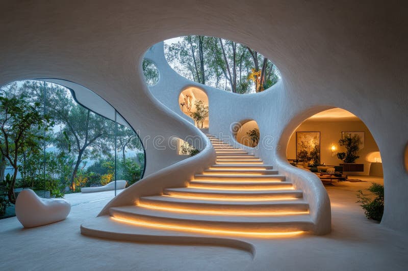 Whimsical, Flowing, Light-filled Interior Staircase Stock Illustration ...