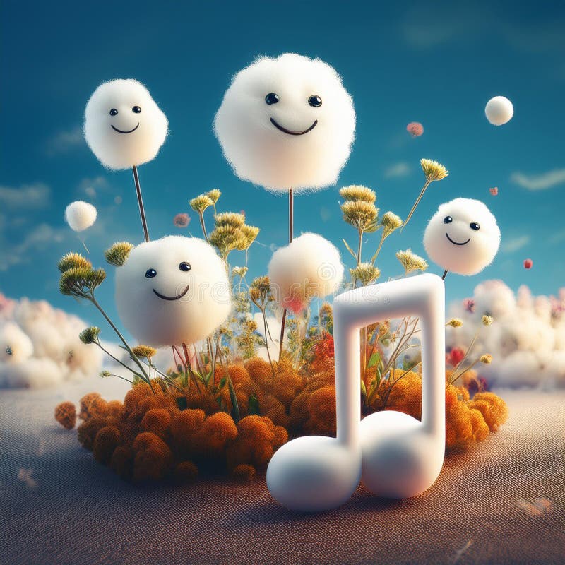 Whimsical Fluffy Smiling Plants and Musical Note Stock Illustration ...