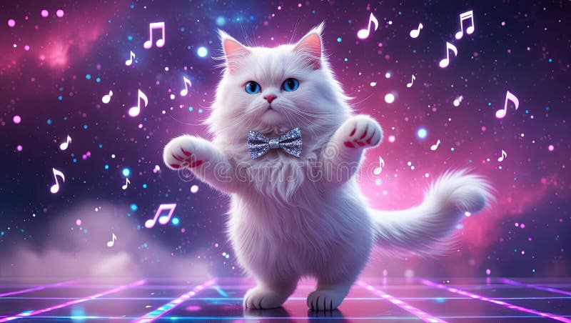 Whimsical Fluffy White Cat Dancing among Musical Notes in Cosmic ...