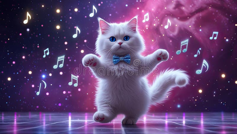 Whimsical Fluffy White Cat Dancing among Musical Notes in Cosmic ...