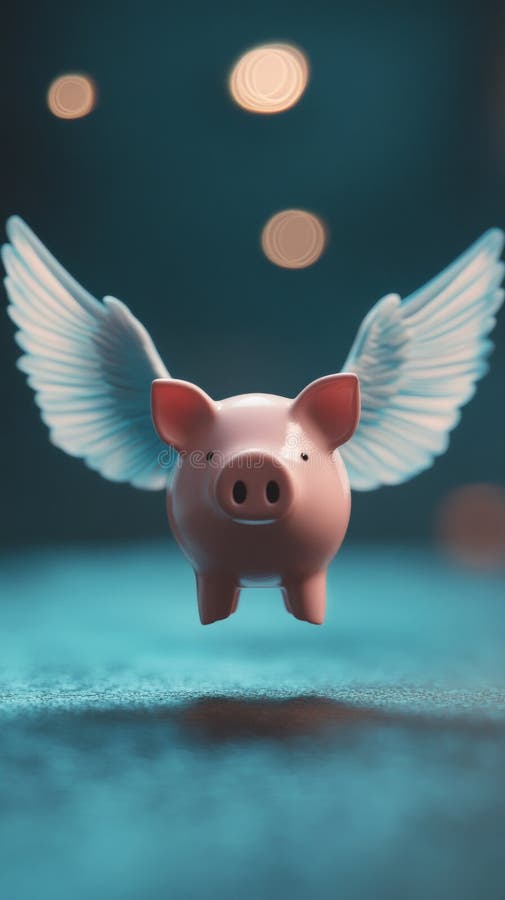 Whimsical Flying Pig with Wings in a Dreamy Blue Night Atmosphere Stock ...