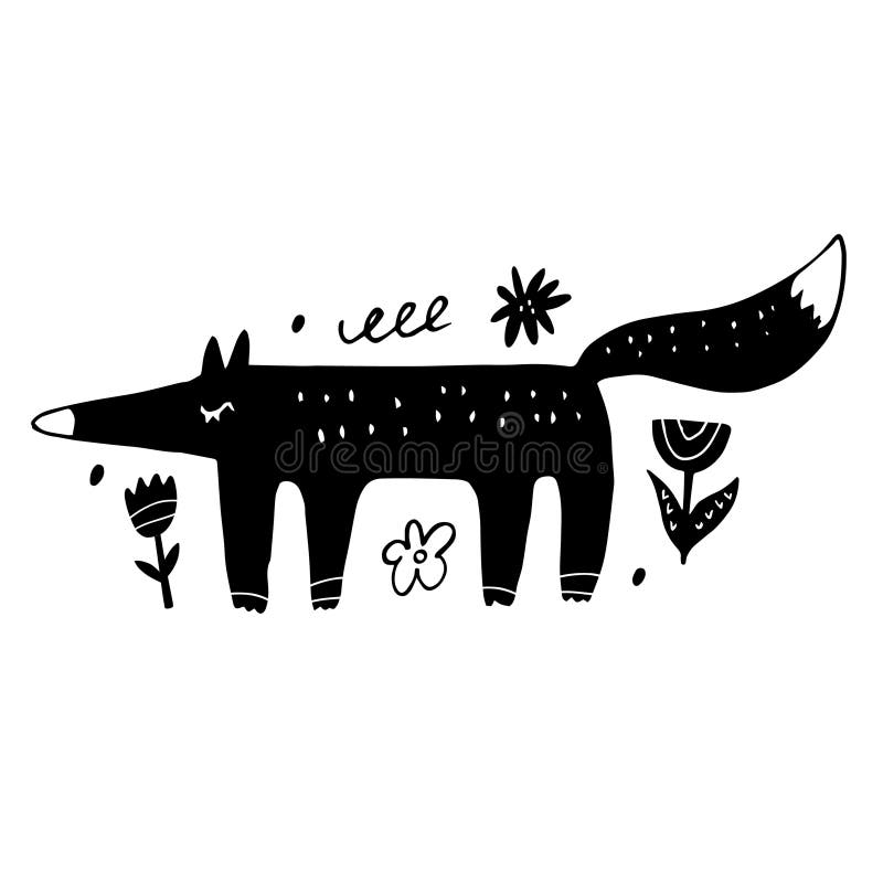 Whimsical Folk Art Fox Silhouette with Floral Elements. Hand-Drawn ...
