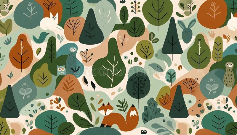 Whimsical Forest Illustration with Animals and Trees. Stock ...