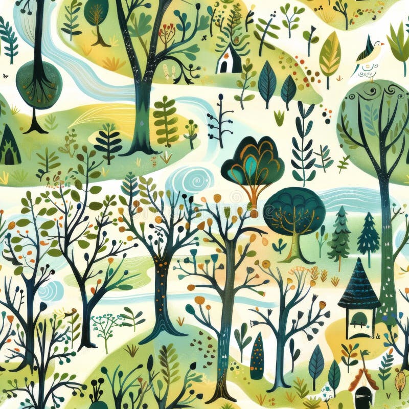 Whimsical Forest Illustration with Charming Trees and Playful Wildlife ...