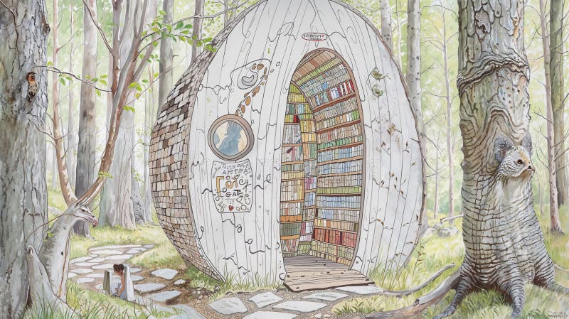 Whimsical Forest Library with Books and Enchanted Creatures Stock ...
