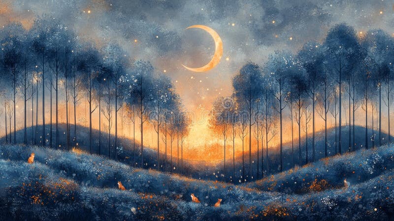 Whimsical Forest with Moonlight and Magical Creatures Stock ...