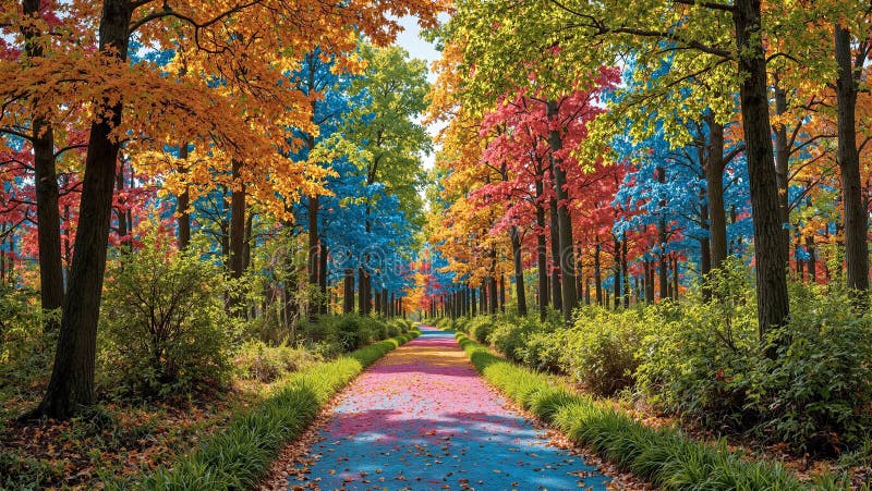 Whimsical Forest Path with Bright Painted Trees Stock Illustration ...