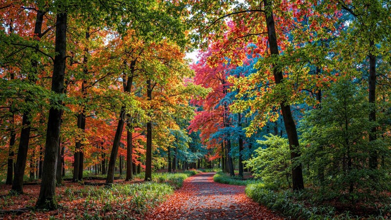 Whimsical Forest Path with Bright Painted Trees Stock Illustration ...