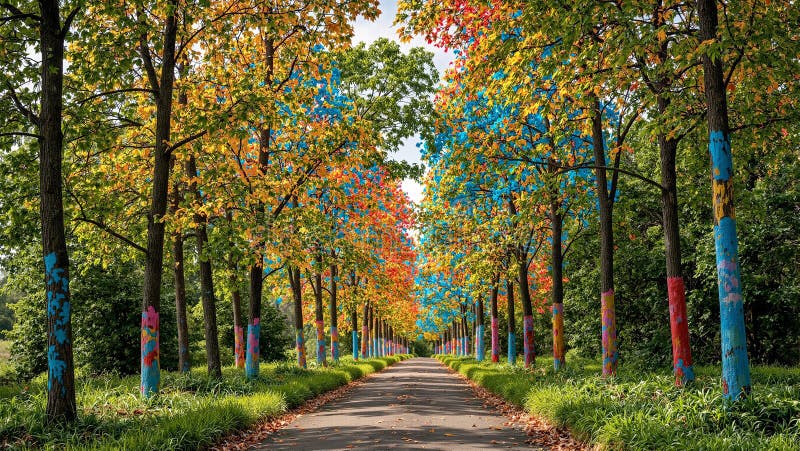 Whimsical Forest Path with Bright Painted Trees Stock Illustration ...