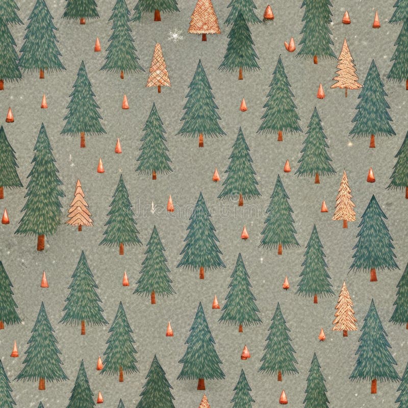 Whimsical Forest Pattern with Evergreen and Orange Trees on Textured ...