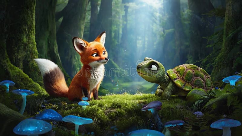 Whimsical Forest Scene with Fox and Turtle Surrounded by Mushrooms and ...