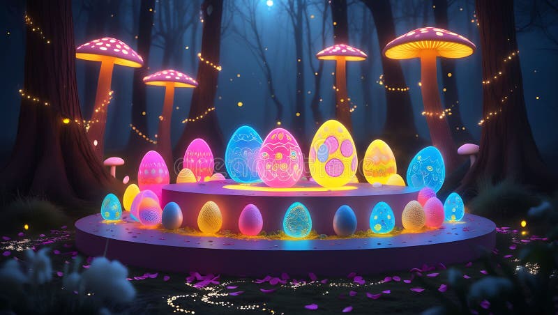 Glowing Easter Eggs on a Platform Surrounded by Mushroom Lights in a ...