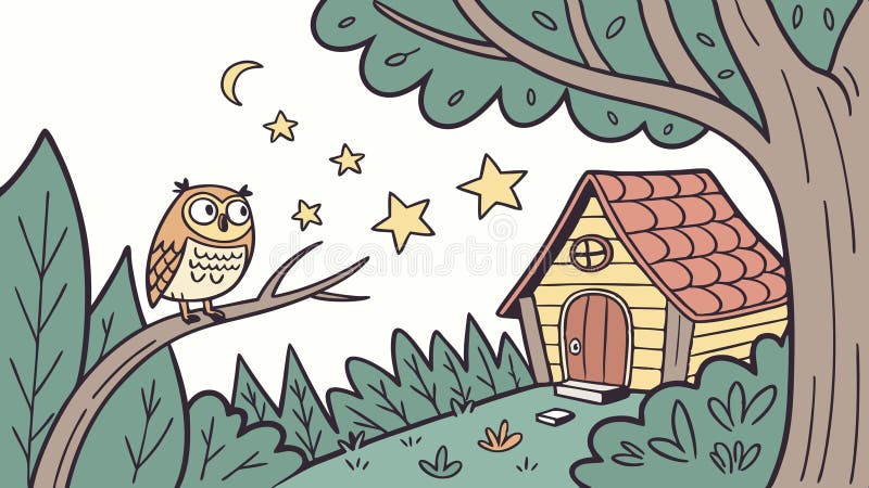 Whimsical Forest Scene with Owl and House in Tree Illustration Vector ...