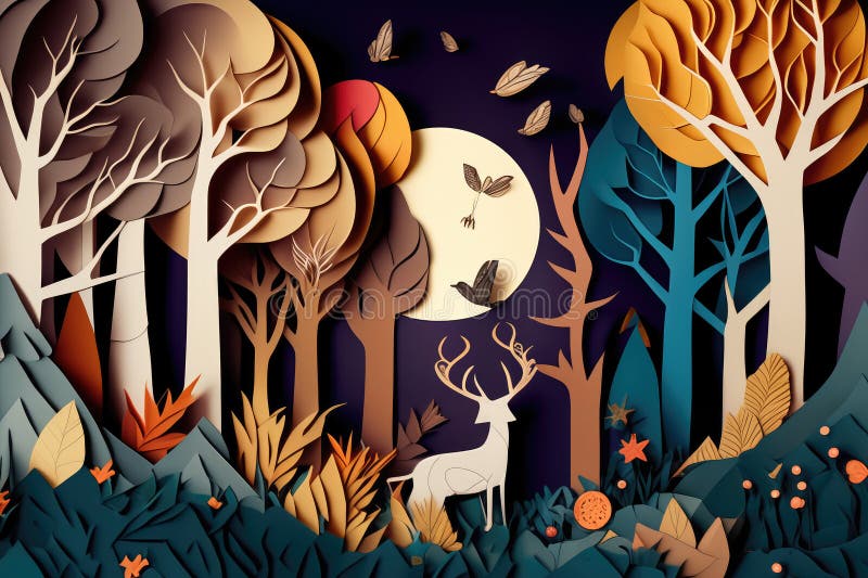 Whimsical Forest Scene with Paper Cutouts Collage Stock Illustration ...
