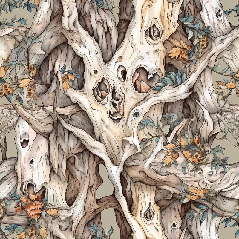Whimsical Forest Seamless Pattern with Tree Branches and Leaves. Nature ...