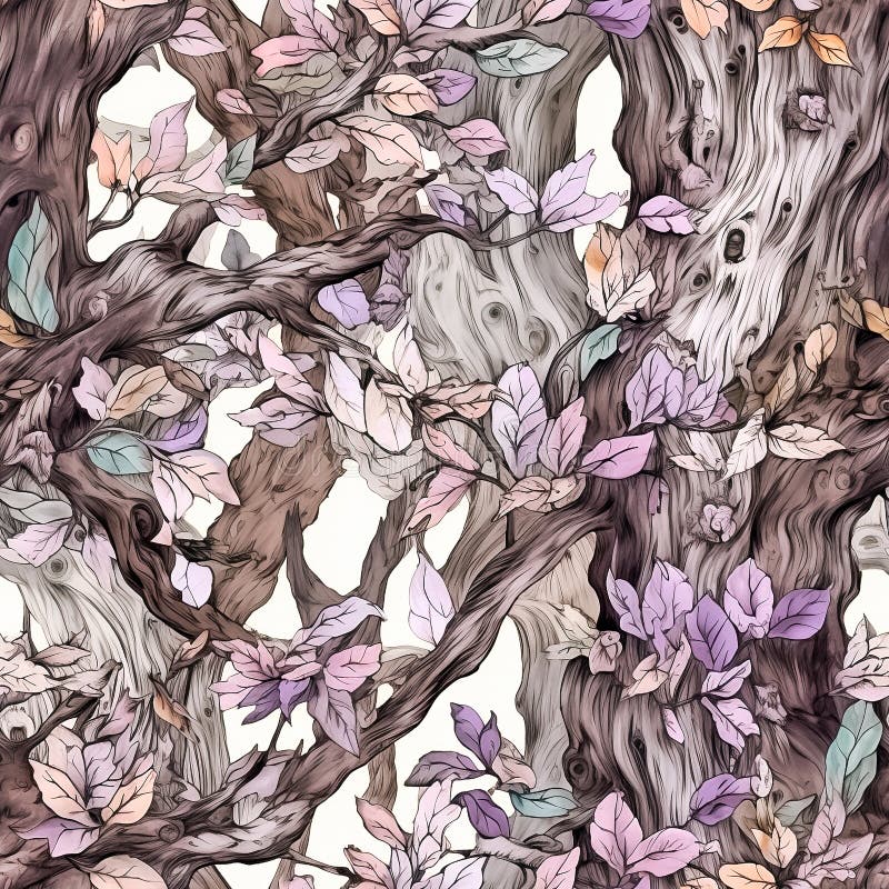 Whimsical Forest Seamless Pattern with Tree Branches and Leaves. Nature ...