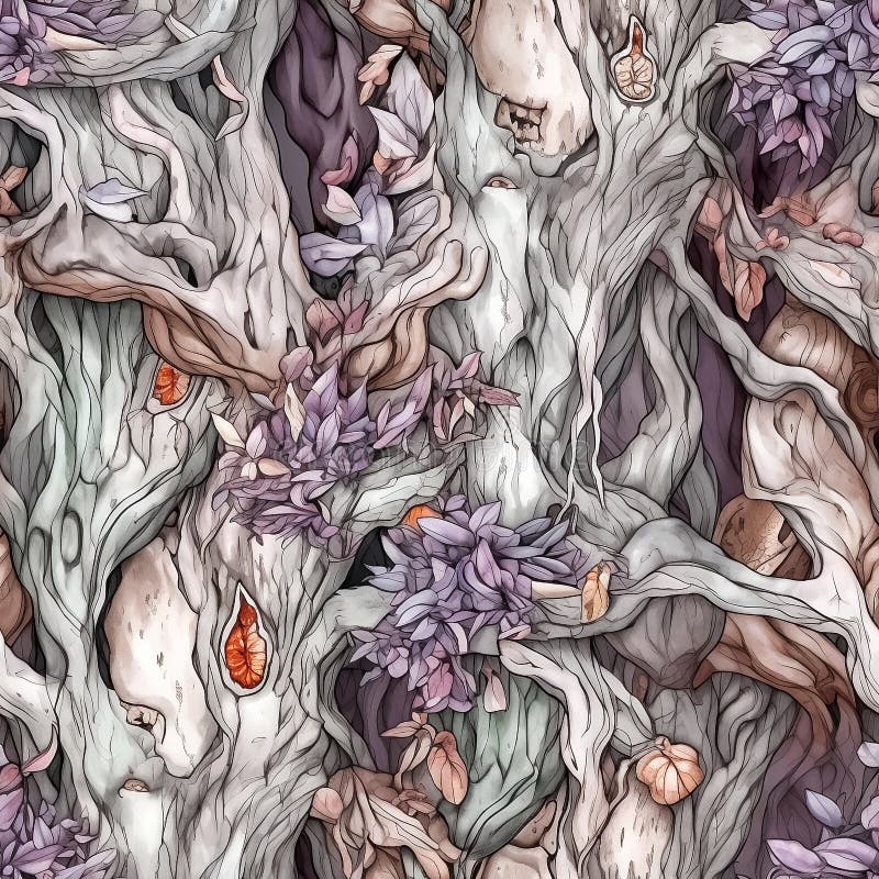 Whimsical Forest Seamless Pattern with Tree Branches and Leaves. Ornate ...