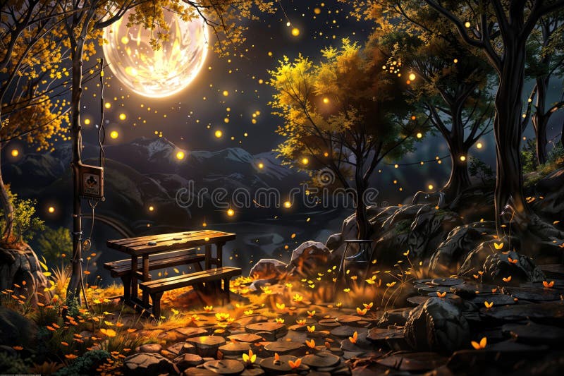 Fantasy Landscape with a Bench and a Wooden Table in the Forest ...