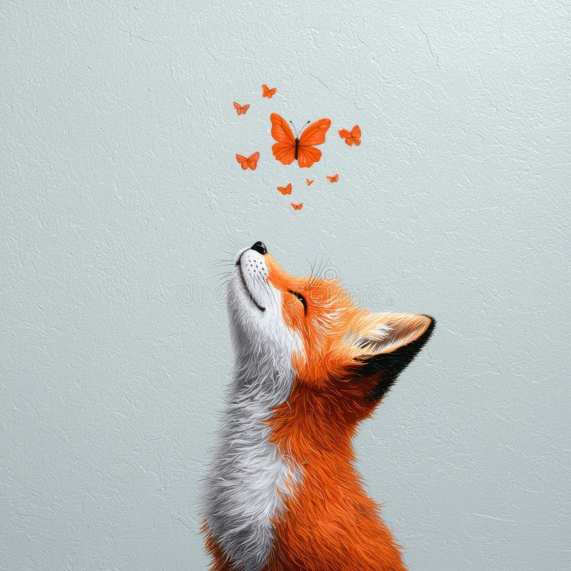 Whimsical Fox and Butterflies Stock Illustration - Illustration of ...