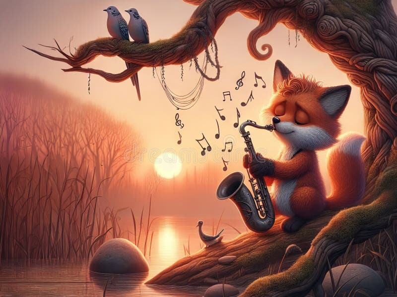 Whimsical Fox Playing Saxophone Stock Illustration - Illustration of ...