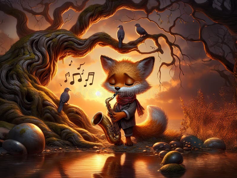 Whimsical Fox Playing Saxophone Stock Illustration - Illustration of ...