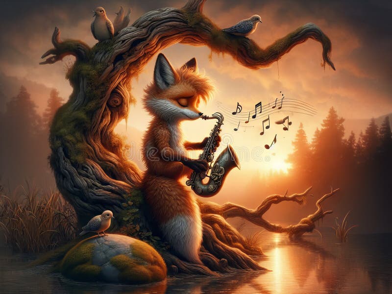 Whimsical Fox Playing Saxophone Stock Illustration - Illustration of ...