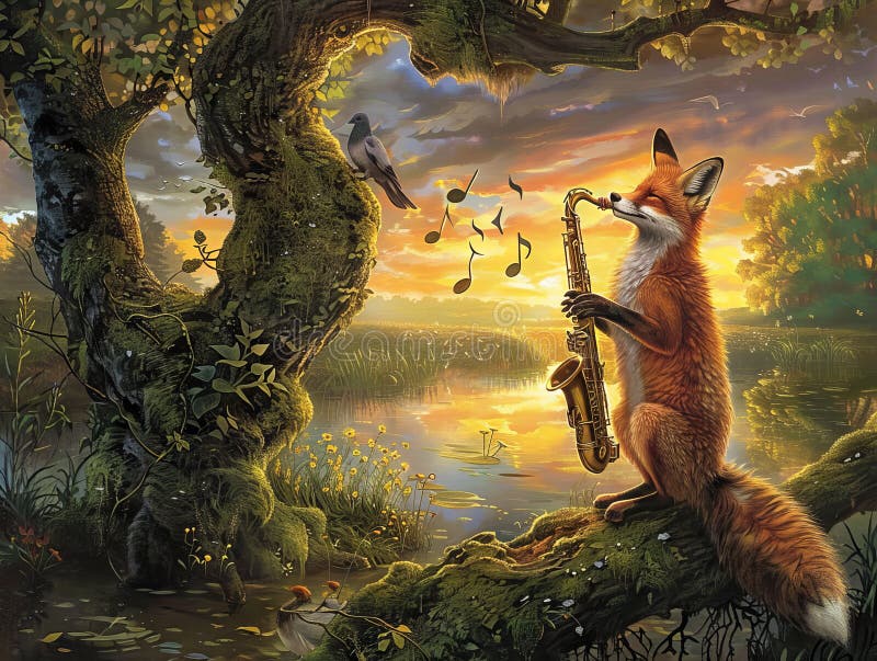 Whimsical Fox Playing Saxophone Stock Illustration - Illustration of ...