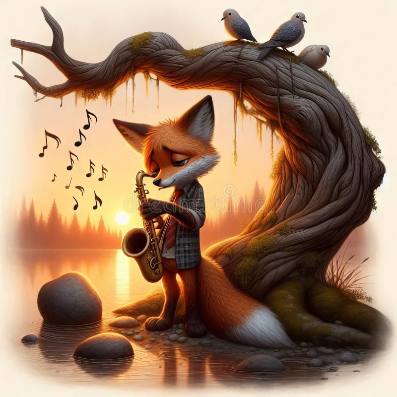 Whimsical Fox Playing Saxophone Stock Illustration - Illustration of ...