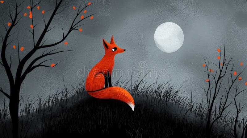 A Whimsical Fox Sitting on a Hill Under a Full Moon Surrounded by Dark ...