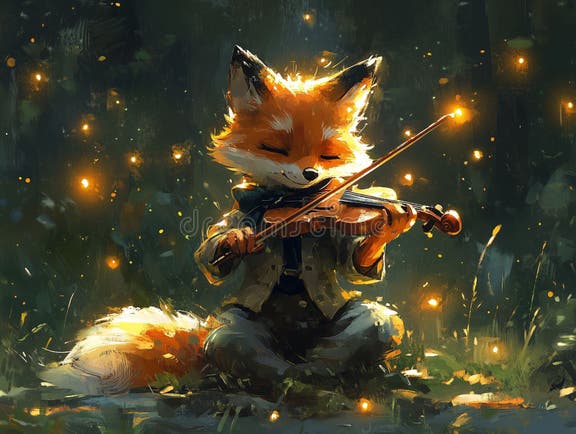 Whimsical Fox Violinist and Fireflies Stock Illustration - Illustration ...