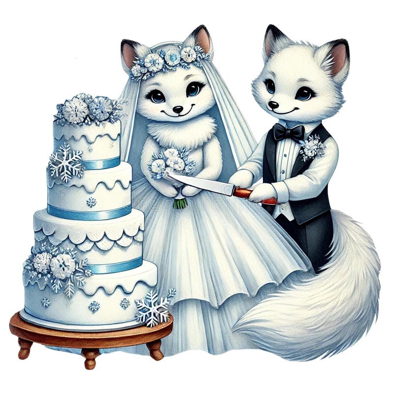 Whimsical Fox Wedding Couple Cutting a Cake Stock Illustration ...