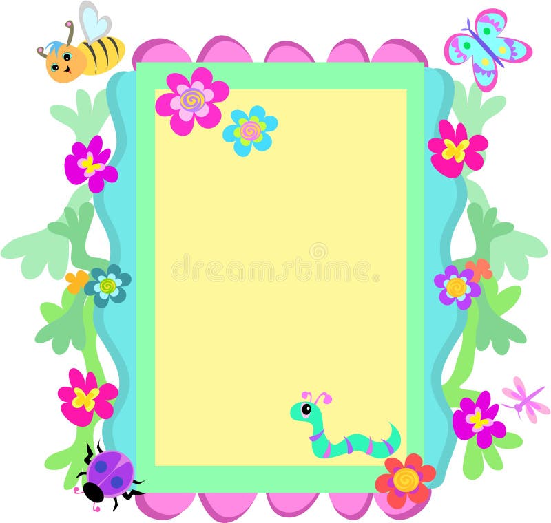 Whimsical Frame of Flowers and Insects Stock Vector - Illustration of ...