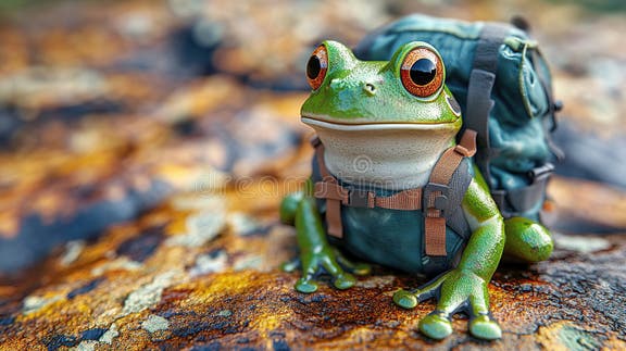 A Whimsical Frog Carrying a Backpack, Ready for an Adventure Stock ...